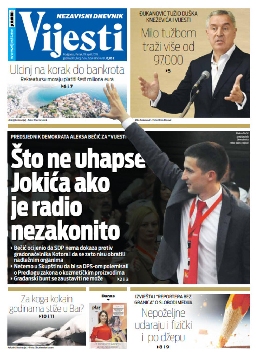 Naslovna strana "Vijesti" za 19. april