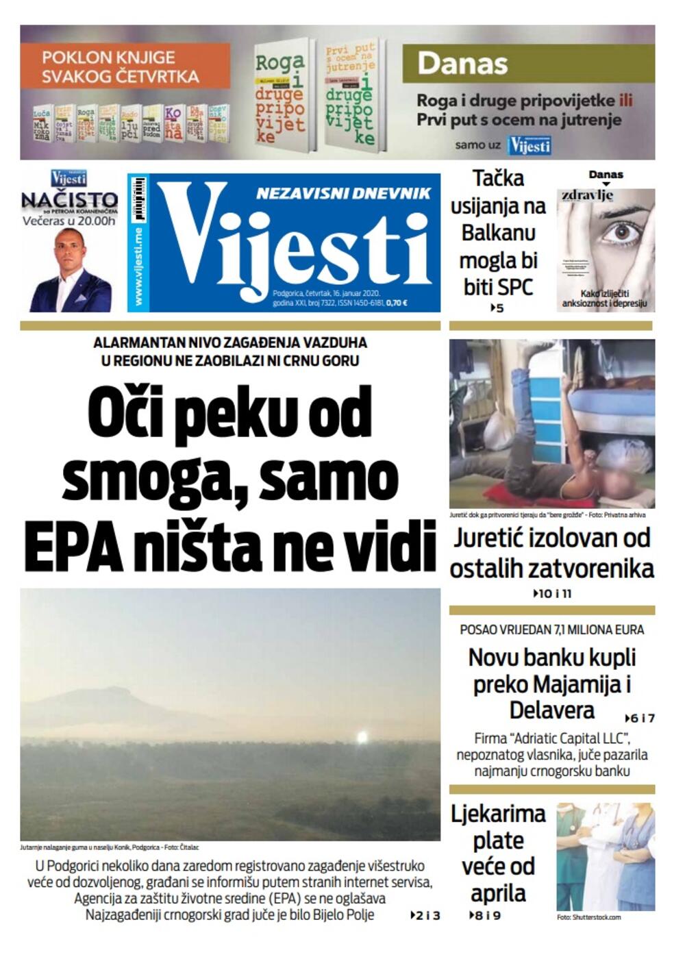 Naslovna strana "Vijesti" za 16. januar 2020. godine