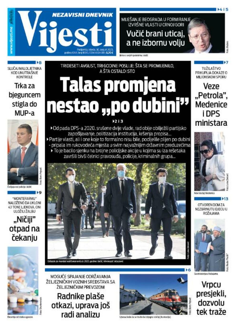 Naslovna strana "Vijesti" za 30. avgust 2023.