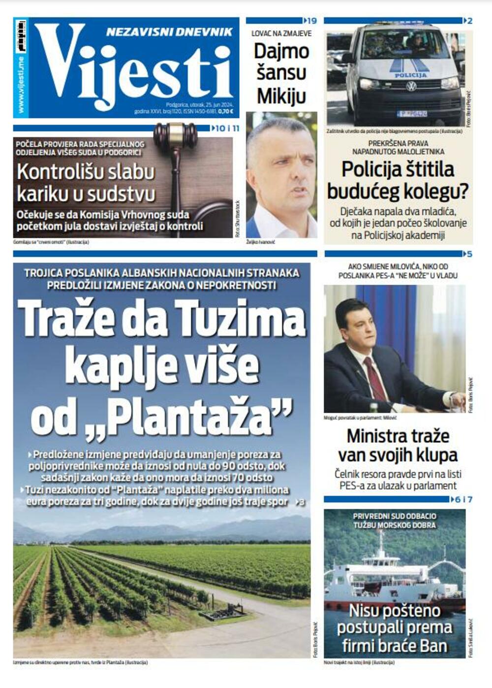 Naslovna strana "Vijesti" za 25. jun 2024. godine