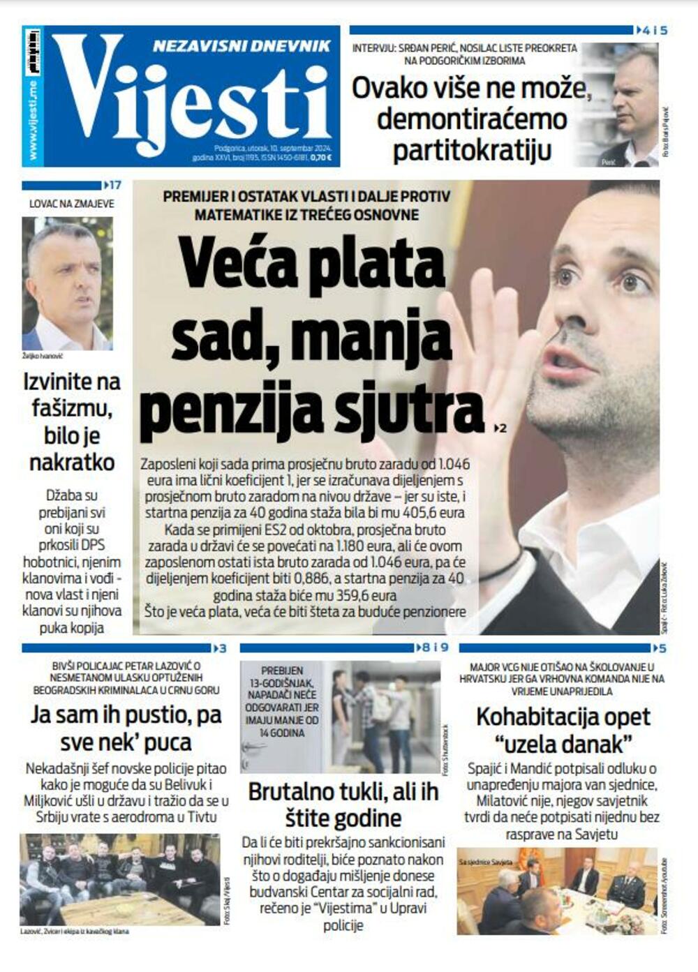 Naslovna strana "Vijesti" za 10. septembar 2024.
